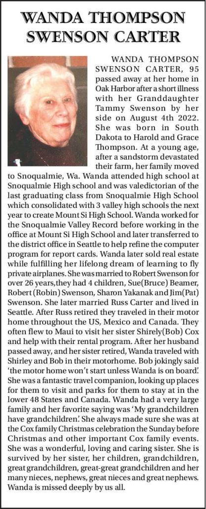 Wanda Thompson Swenson Carter | Obituary | Snoqualmie Valley Record