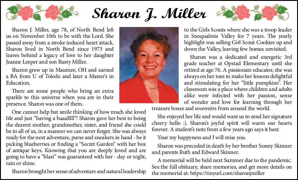 Sharon J. Miller | Obituary | Snoqualmie Valley Record
