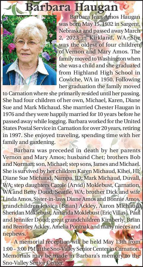 Barbara Haugan | Obituary | Snoqualmie Valley Record